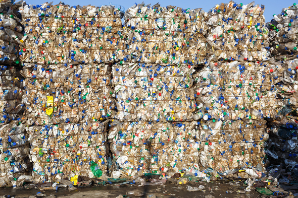 Plastic bales at the waste processing plant. Separate garbage ...