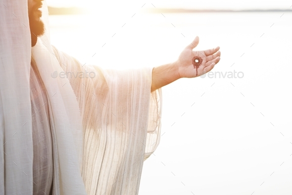 Resurrected Jesus Christ with the scars of the nails on his hands Stock ...