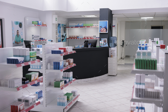 Modern empty pharmacy equipped shelves full of supplements Stock Photo ...