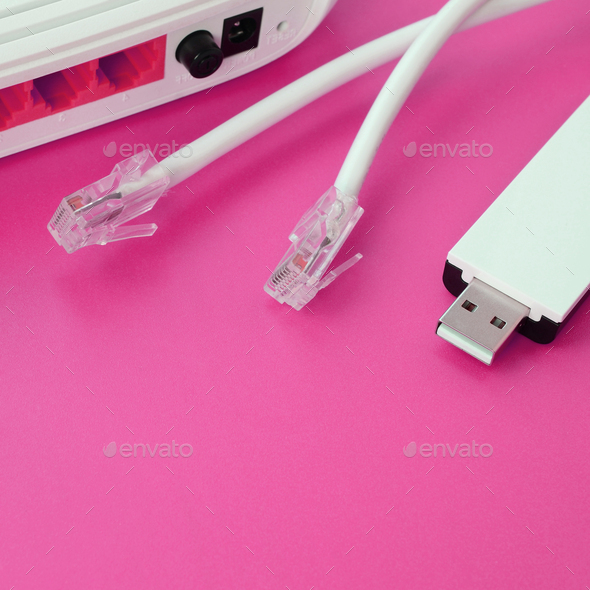 Internet router, portable USB wi-fi adapter and internet cable plugs ...