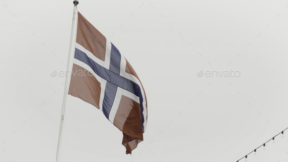 Flag of Norway. Action.A red canvas with a cross hovering over a white ...