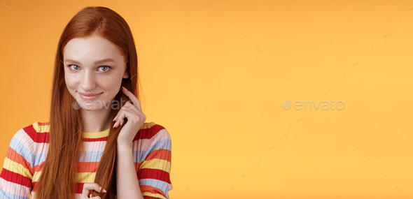 Romantic Flirty Shy Attractive Redhead Girl 20s Touching Hair Strand