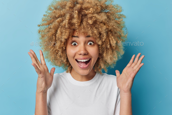 Human reactions and facial expressions concept. Excited cheerful woman ...