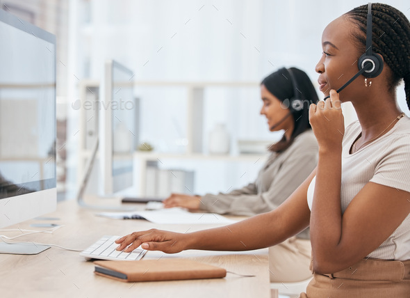 Call center, customer service and business woman consulting on computer ...