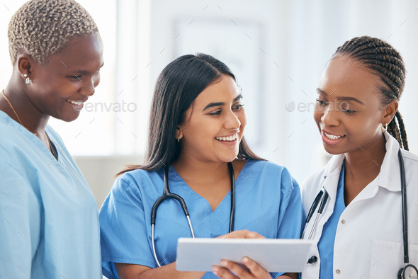 Digital tablet, medical teamwork and collaboration of doctors, nurses ...