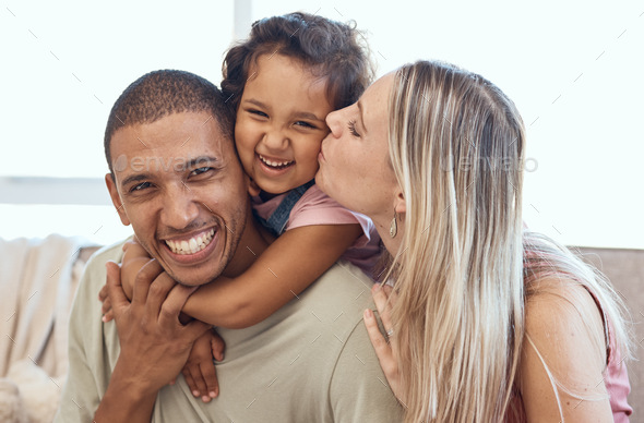 Happy family smile, hug and cheek kiss in joyful happiness for quality ...