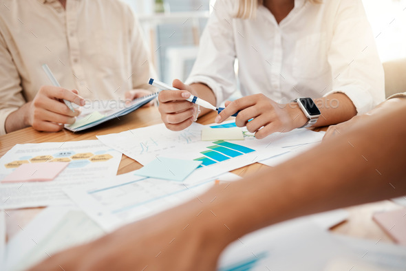 Business people, data analysis research and infographic documents ...