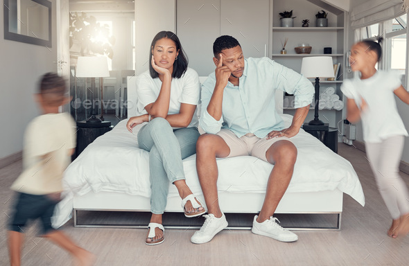 Children, parents and family home with mother and father feeling stress ...