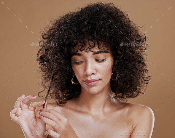 Beauty, skincare and hair care of black woman in studio with natural ...