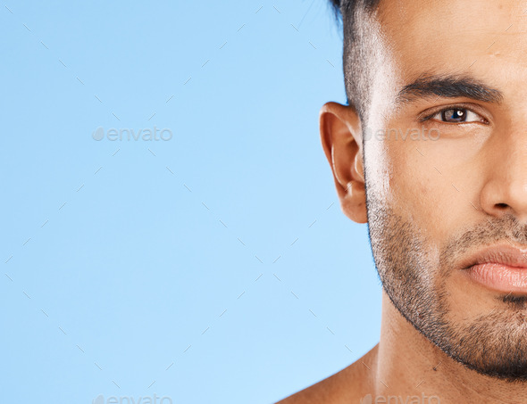 Health, skincare and portrait of man blue background with mockup ...