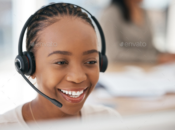 Call center, customer support and face of black woman working, smiling ...