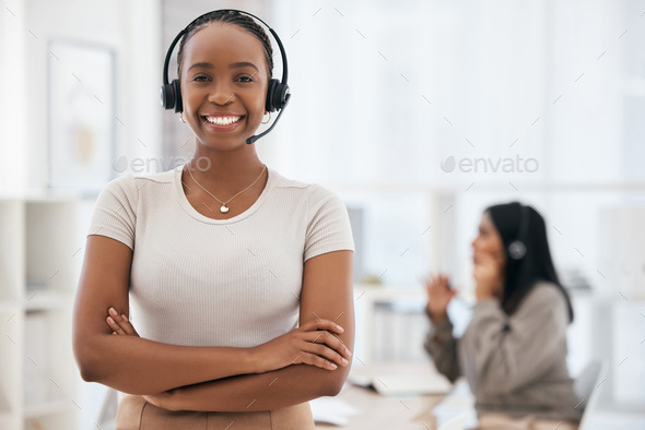 Happy black woman, call center agent and customer support staff in ...
