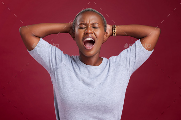 Screaming woman studio, hands behind head and sad stress angry against ...