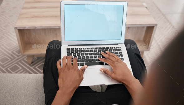 Hands, typing and laptop mockup screen of black man busy with work ...