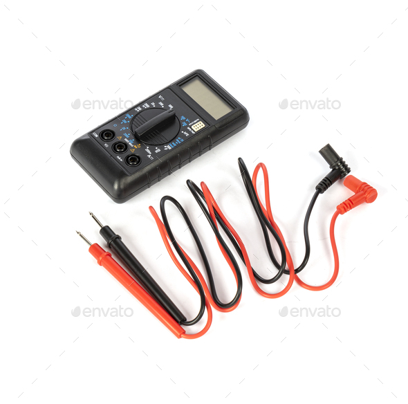Black plastic portable Multimeter vattmeter ampermeter isolated on ...