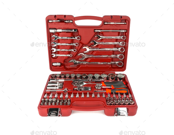 Toolbox, tools kit case detail close up instruments. set of tools car tool kit tool set ...