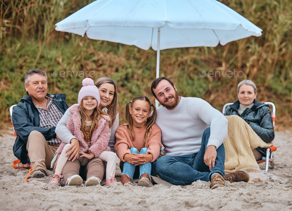 Beach, sand and portrait of happy family relax on on ocean seashore for ...
