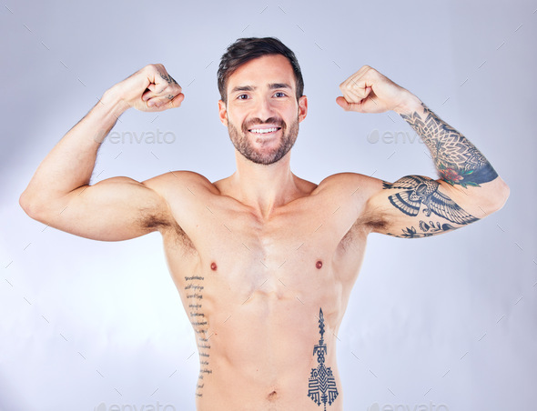 Bodybuilder, man and flex body, smile for wellness, after fitness and ...