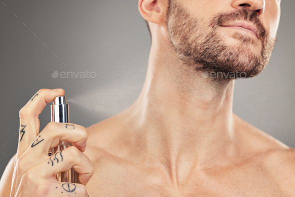Man, perfume and hands spray on neck for beauty wellness or luxury ...