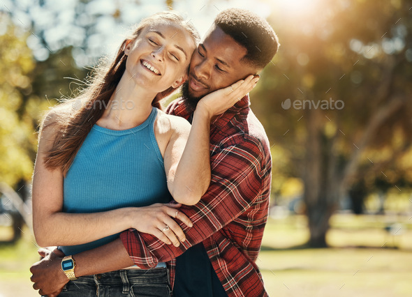 Couple Love And Hug Outdoor Park And Happy Smile Romance And Care On