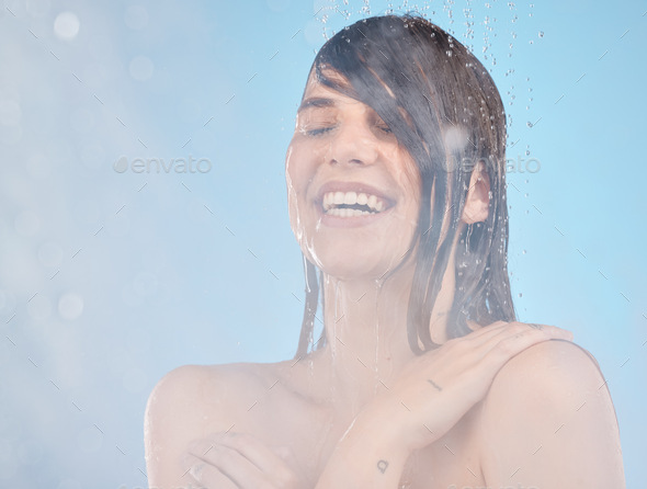 Skincare, shower and woman cleaning, happy and relax, wellness and ...