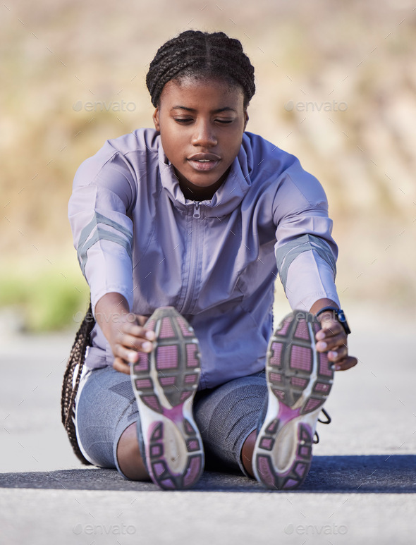 Exercise, black woman and stretching outdoor for wellness, health and ...