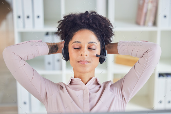 Relax, call center or tired black woman sleeping at customer services ...