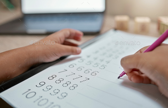 Education, hands and writing, math and numbers, learning at home with ...