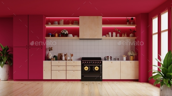 Modern style kitchen interior design with viva magenta wall background ...
