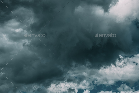 Dark Blue Cloudy Rainy Sky With Rain Heavy Clouds. Storm, Thunder ...