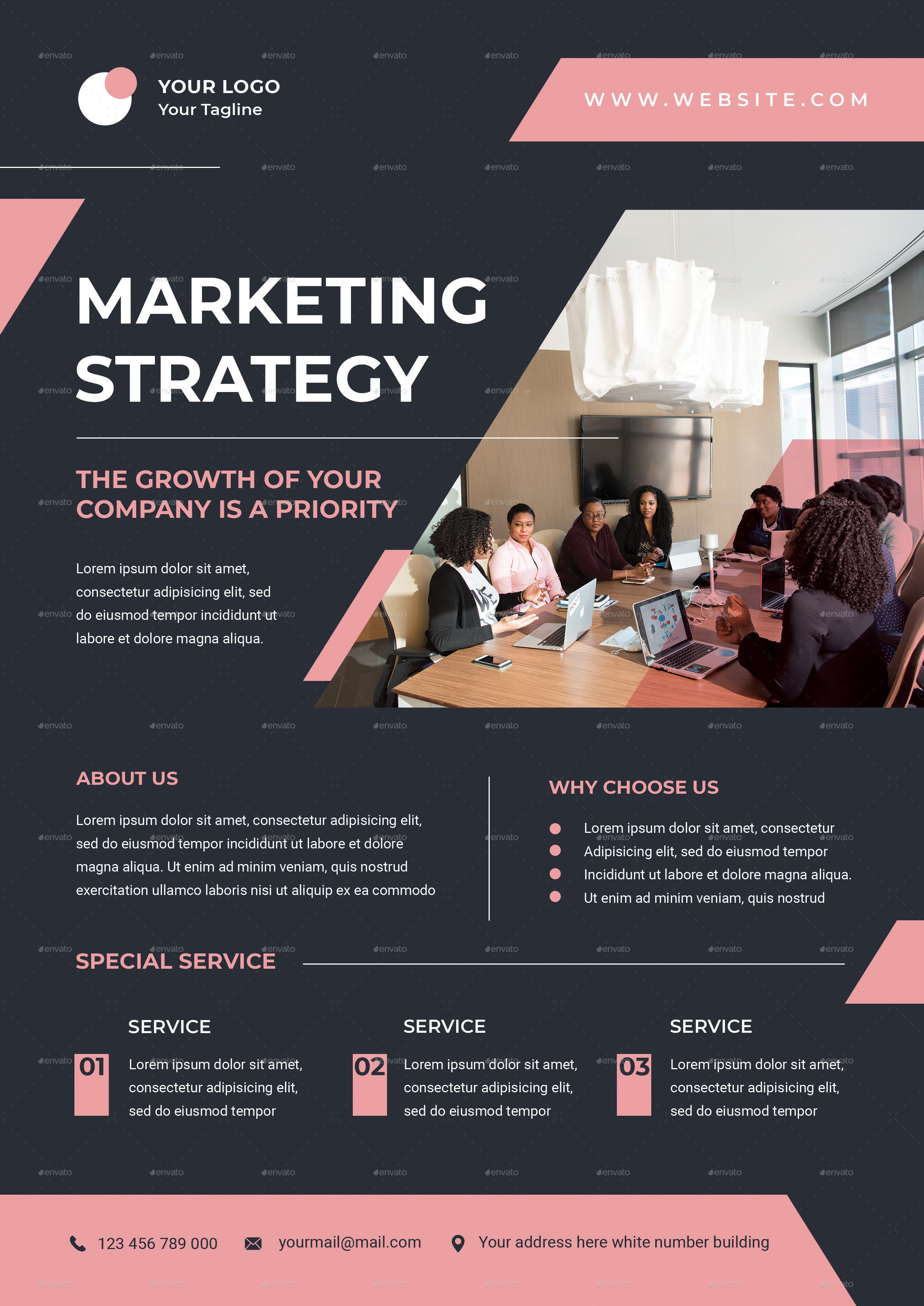 Flyer Business Marketing Strategy Black Pink Profesional, Print Templates