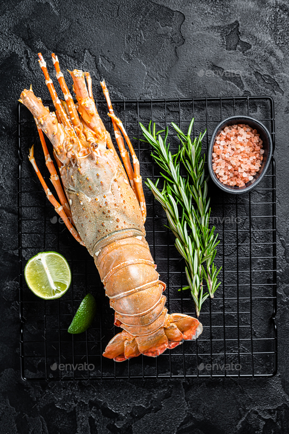 Boiled Spiny lobster or sea crayfish ready for eat. Black background ...