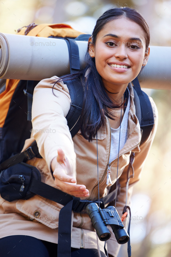 Hiking, woman and portrait of helping hand on nature exploration ...