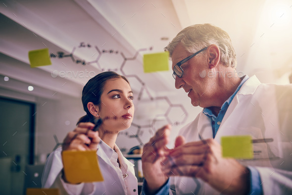 Shot of two focused scientists working together solving equations on a ...
