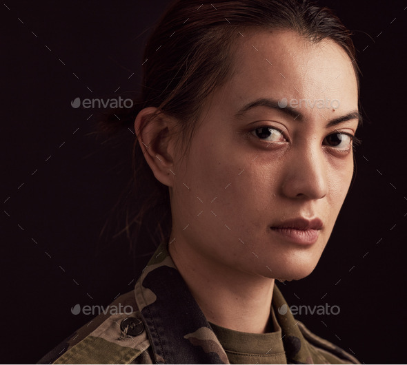 Face, sad woman and crying army soldier with mental health problem ...