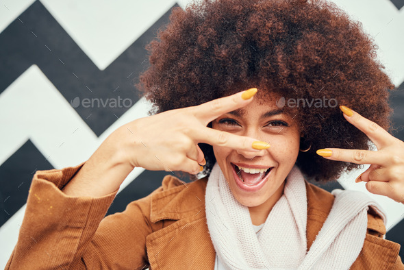 Peace, sign and black woman with fashion portrait for creative vision ...