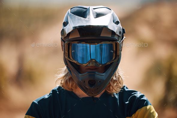 Sports, motorcross and portrait of man with helmet for dirt racing ...