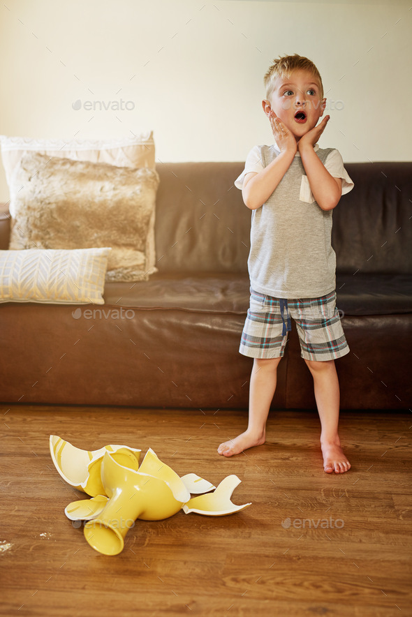Shot of a little boy looking shocked after breaking a vase at home ...