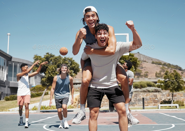 Basketball, celebrate win and sport with team, success on basketball ...
