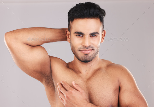 Beauty, portrait and skincare man with hand on muscular chest satisfied ...