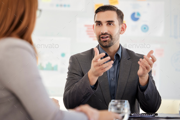 Business meeting, presentation and corporate man talking about company ...