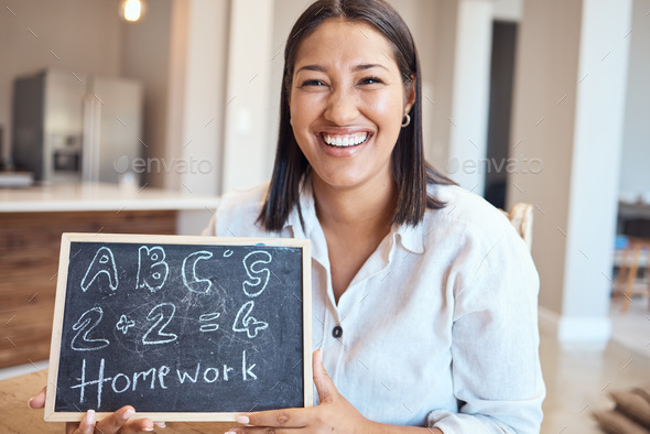 Teacher, blackboard and black woman for homeschool, with smile and ...