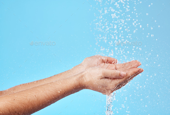 Water splash, hands and cleaning of a person busy with hand hygiene ...