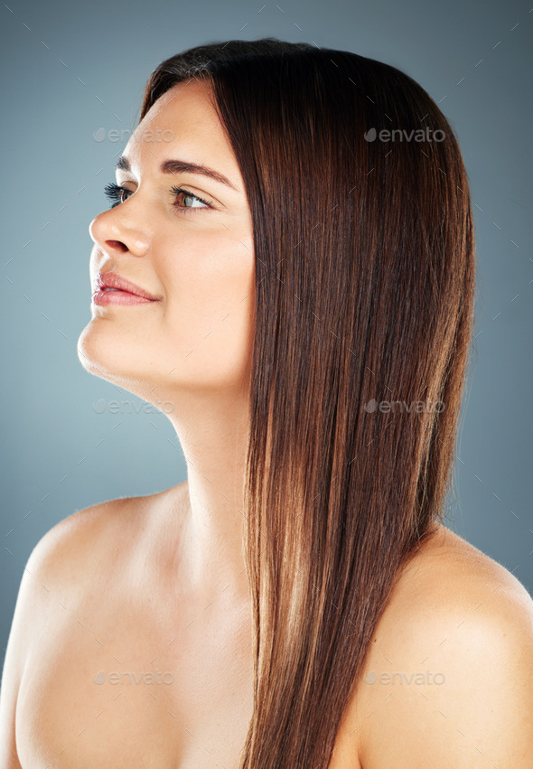 Salon Hair, side profile and face of woman with luxury hair care ...