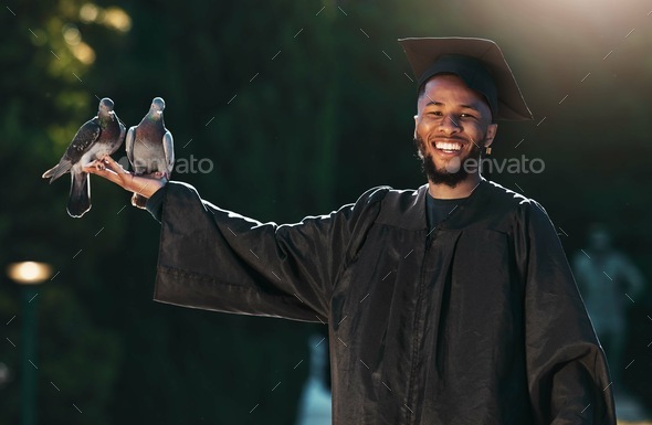 Student portrait, graduate and pigeon with a smile, hat and cloak for ...