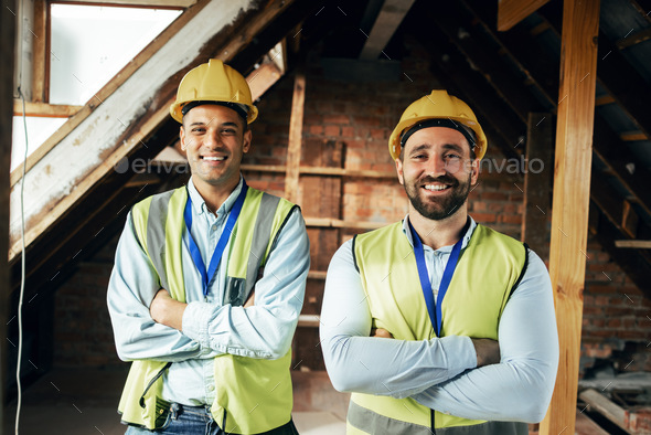Leadership, construction worker or happy engineer in construction site ...