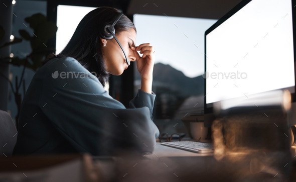Call center, woman and headache on computer in night, overtime and ...