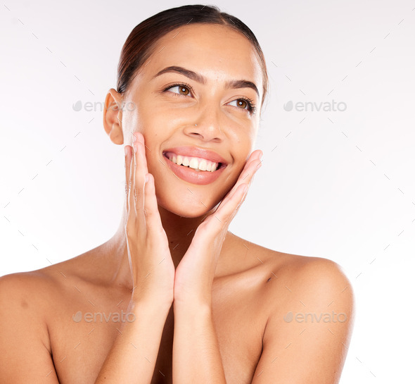Woman, face glow and skincare grooming on white background in studio ...