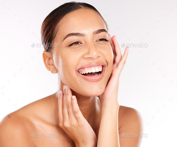Beauty, skincare and face of happy woman on studio background with ...