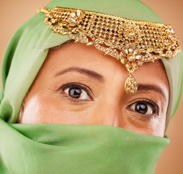 Muslim, woman face and fashion portrait with hijab for islamic beauty ...